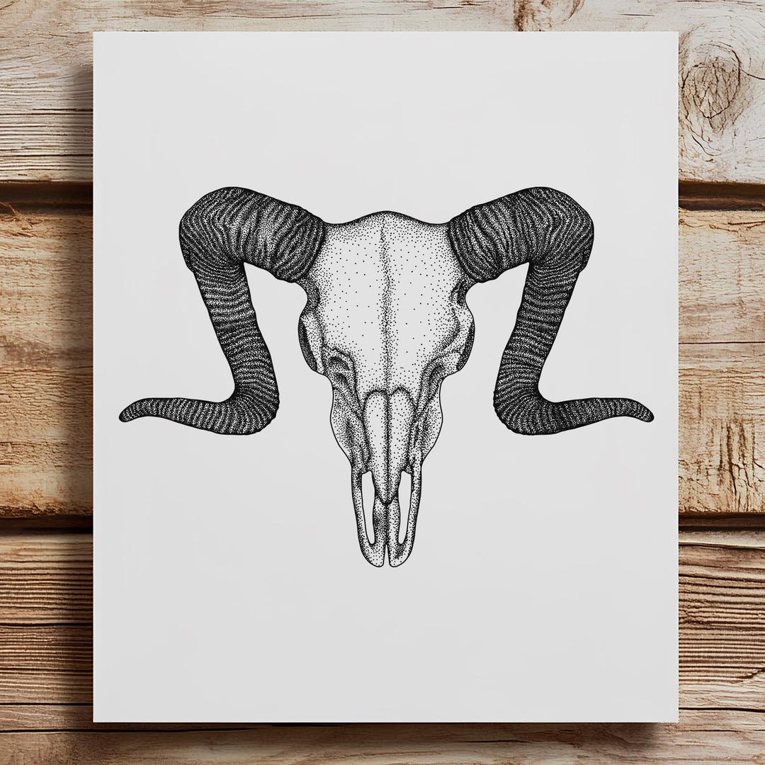 Ram Skull Art Print Western Decor Black and White Skull Illustration ...