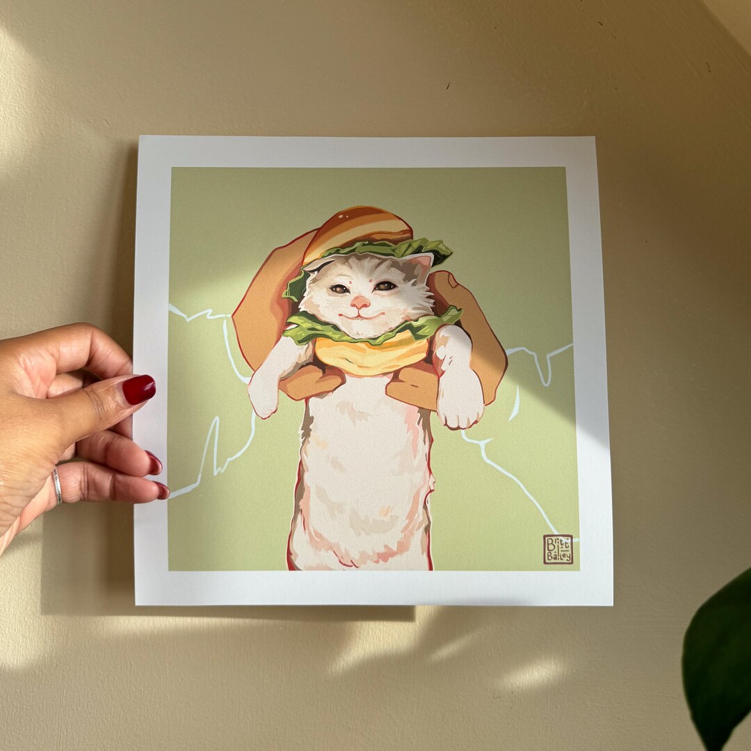 Burger Cat Art Print, Funny Kitchen Wall Art, Food Poster - Etsy