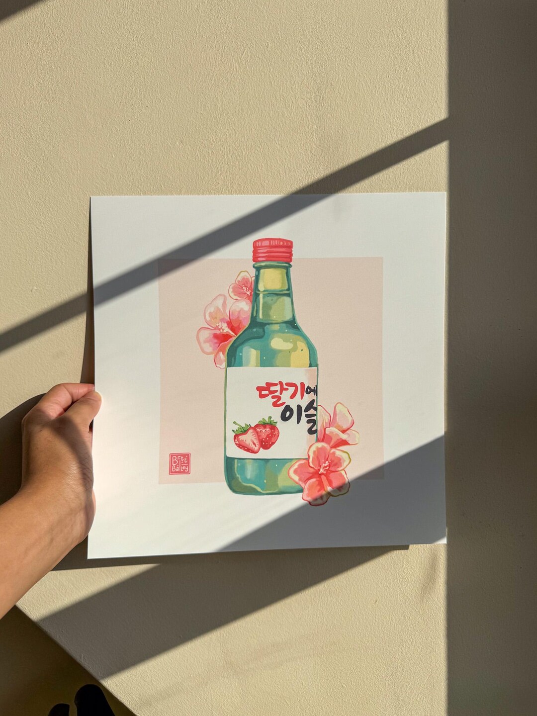 Korean Strawberry Soju Art Print, Floral Kitchen Wall Art, Beverage ...