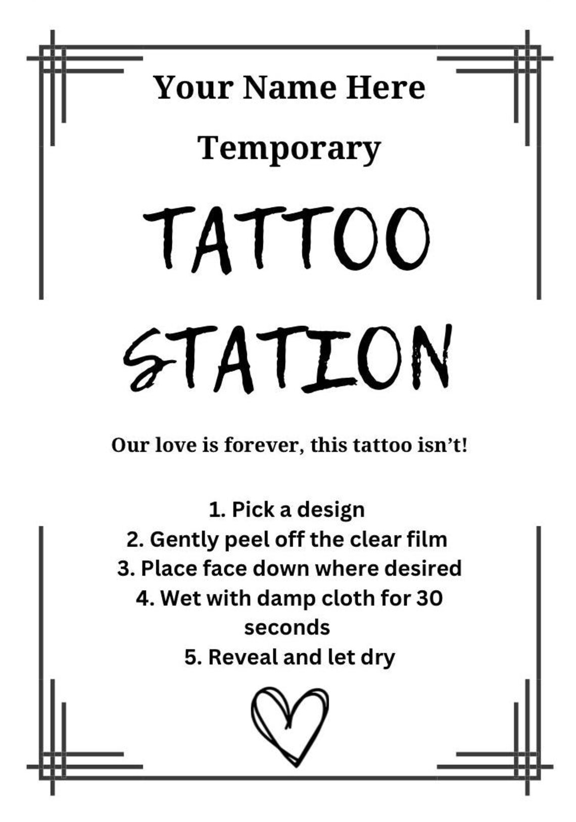 Temporary Tattoo Station Sign for Wedding, Black and White Border ...