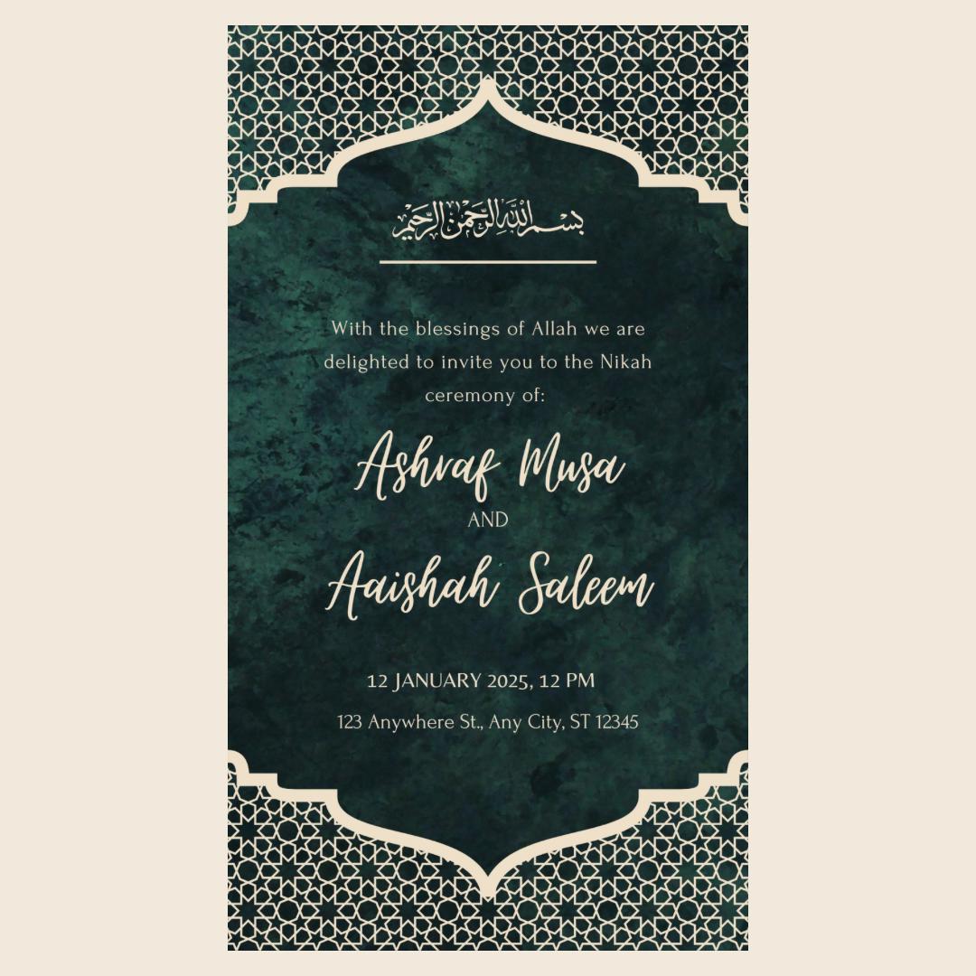 Elegant Islamic Nikah Invitation | Customizable Green and Cream Wedding ...