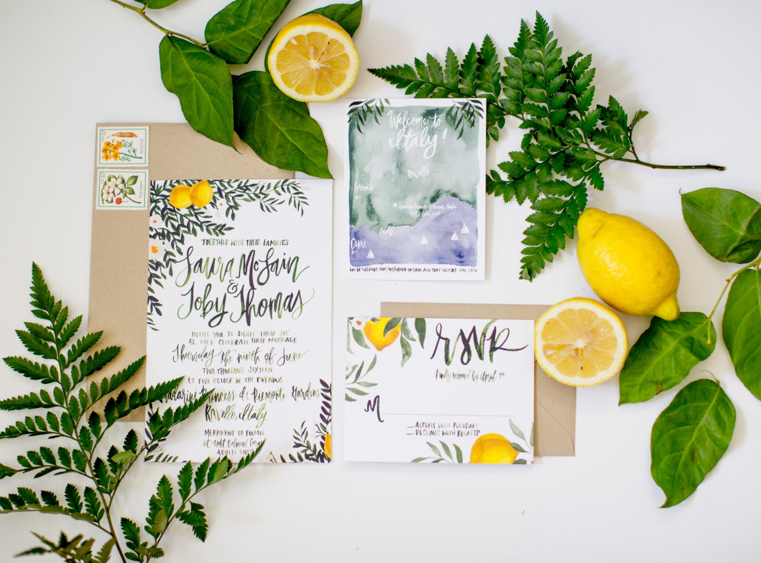 Lemon & Greenery Italy Inspired Suite Painted Calligraphy | Etsy
