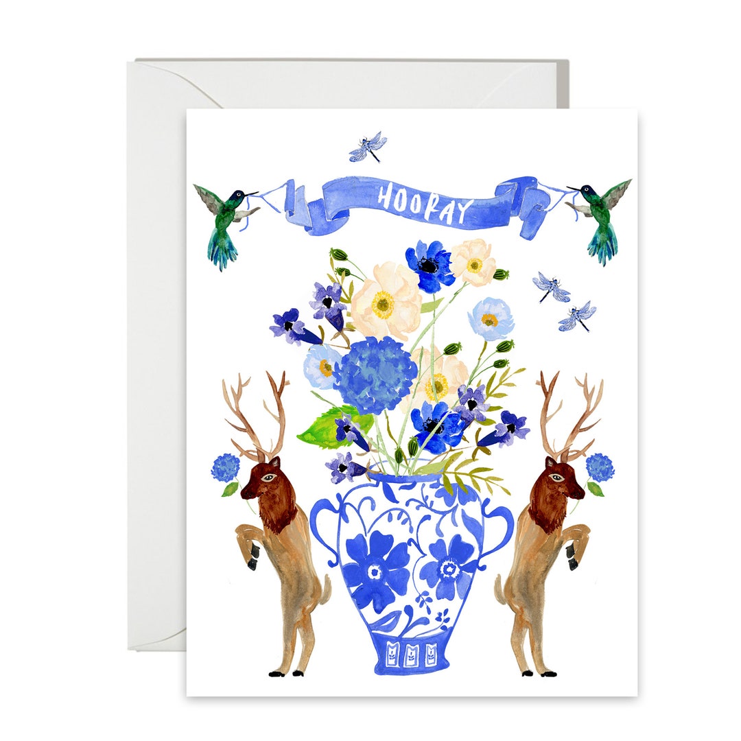 Hooray Ginger Jar, Elk, and Hydrangea Blue Flowers Painted Friendship ...