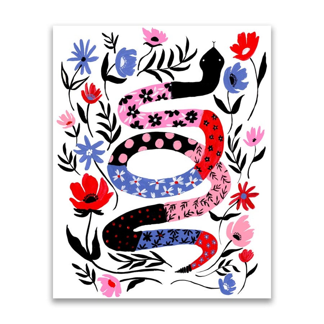 Folk Art Inspired Floral Snake - Gouache Art Print - 8 X 10 - Etsy