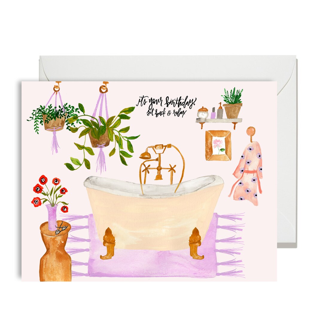 Birthday Greetings Its Your Birthday Relax Bathtub Scene Painted & Hand ...