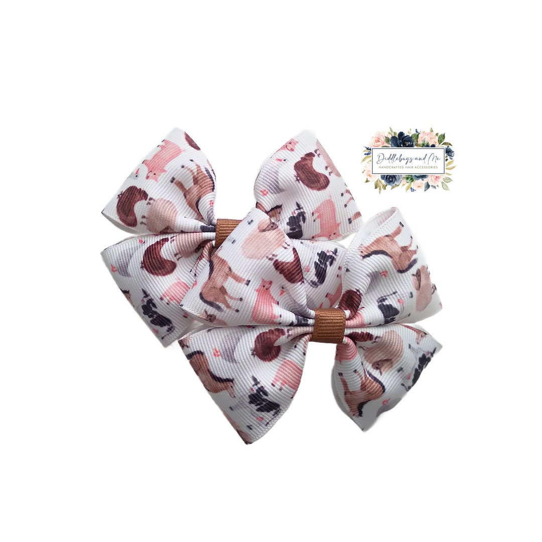 Farm Animal Hair Bows, Set of 2, Pigtail Barrettes, Horse Cow Chicken ...