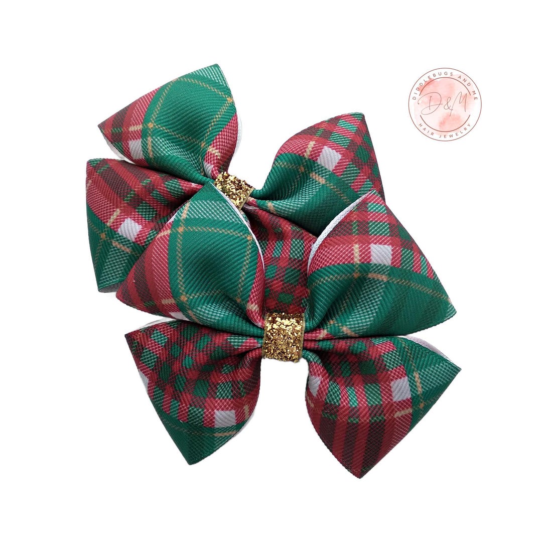 Green Christmas Plaid Pigtail Bows, Red Plaid Bows, Set of 2, Christmas ...
