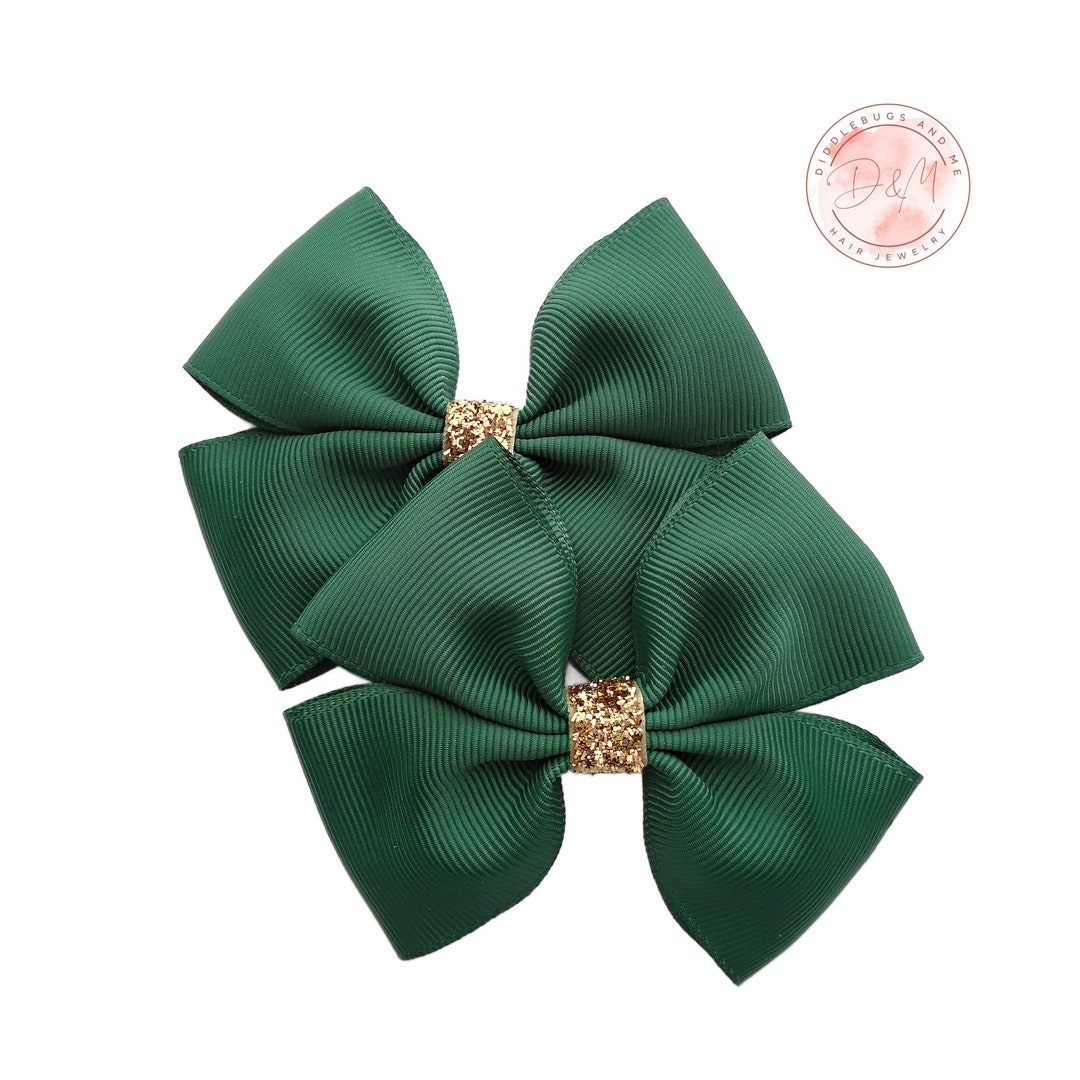 Forest Green Pigtail Bows: Gold Glitter Christmas Hair Clips - Etsy
