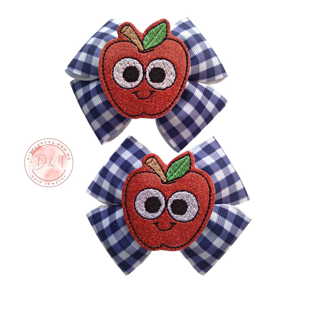 Apple Pigtail Bows, Back to School, Navy Gingham, Set of 2, Fall Hair ...
