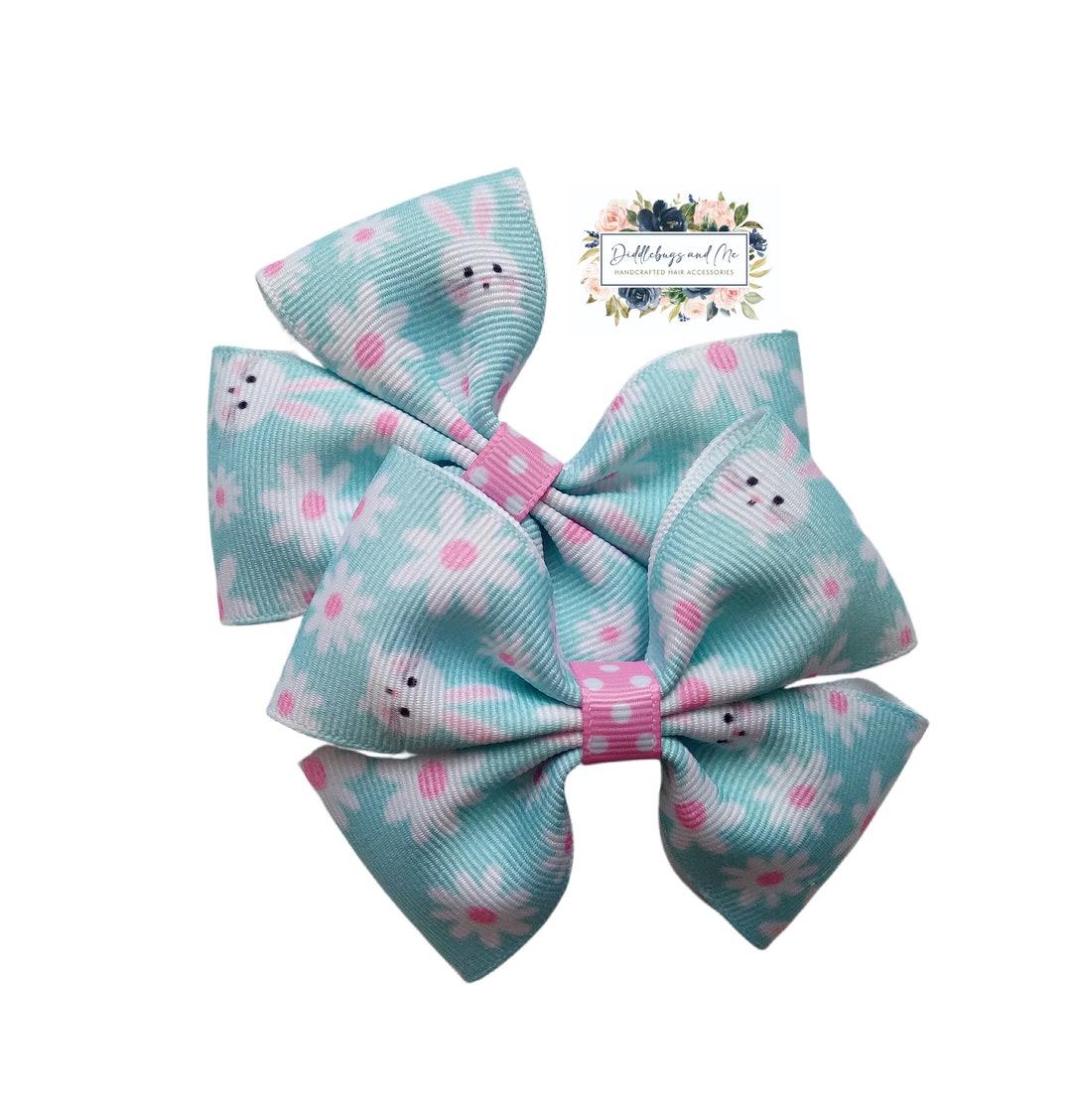 Pink Daisy Pigtail Bows, Bunny Rabbit Hair Clips, Set of 2, Blue Hair ...