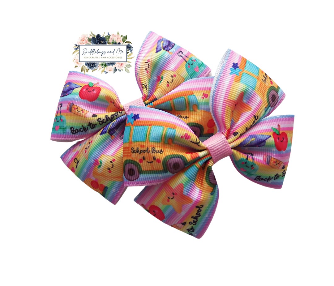 Back To School Pigtail Bows: Apple & School Bus Hair Clips (Set of 2 ...