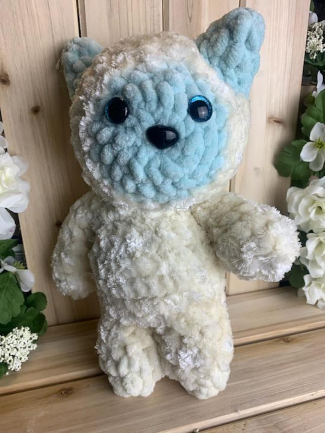 Yeti Cat Plush – 11” White & Blue Chenille Stuffed Animal, Velvet ...