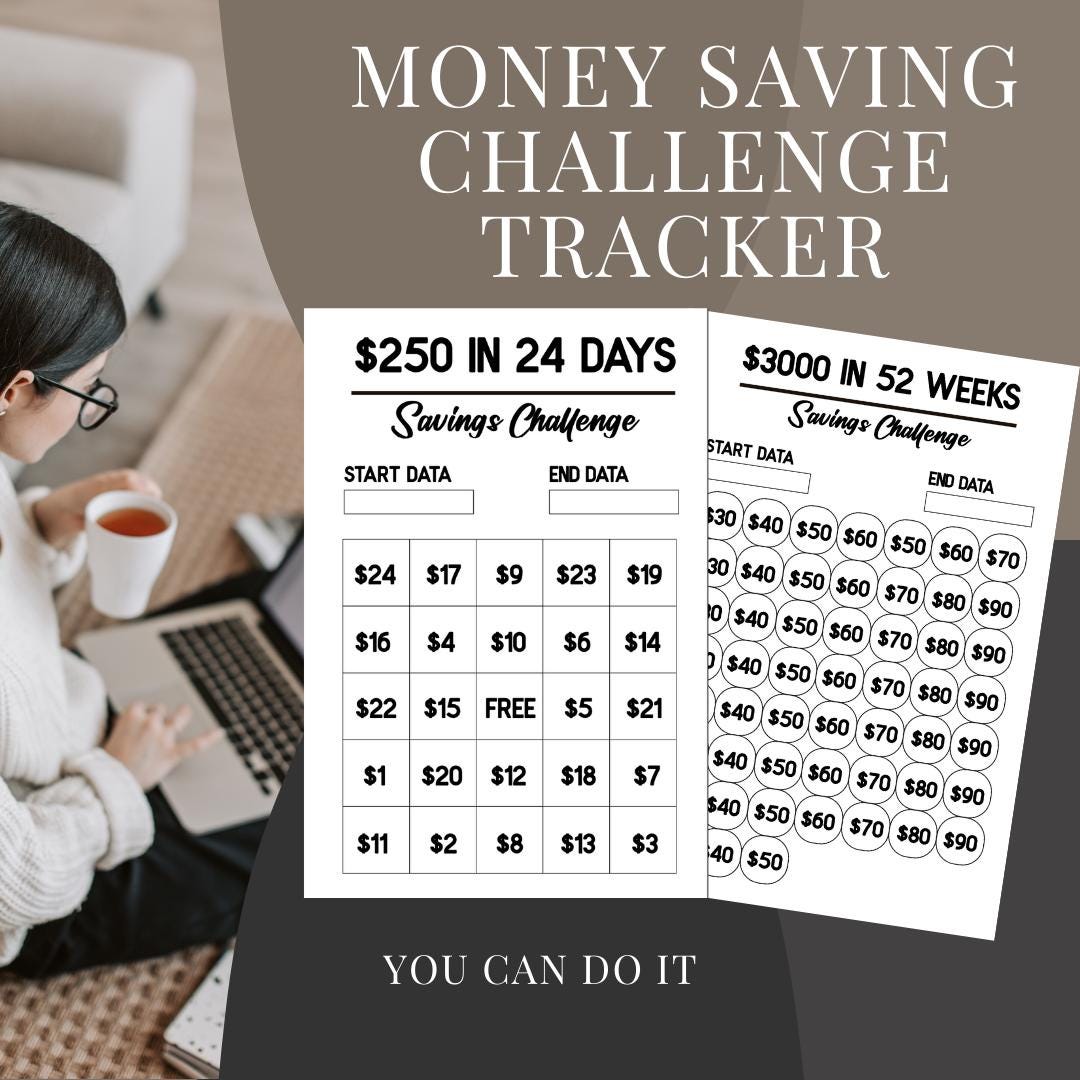 Money Saving Challenge Tracker | Save 250, 500, 1000 Dollars and More ...