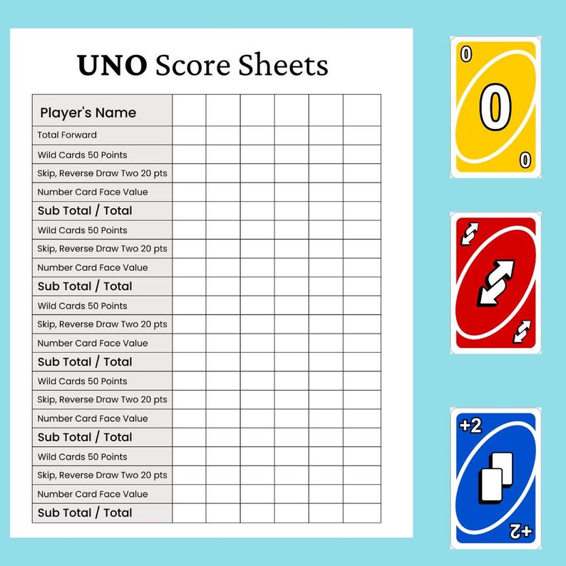 Uno Score Sheet KDP Interior Printable Game Score Sheets for Family ...