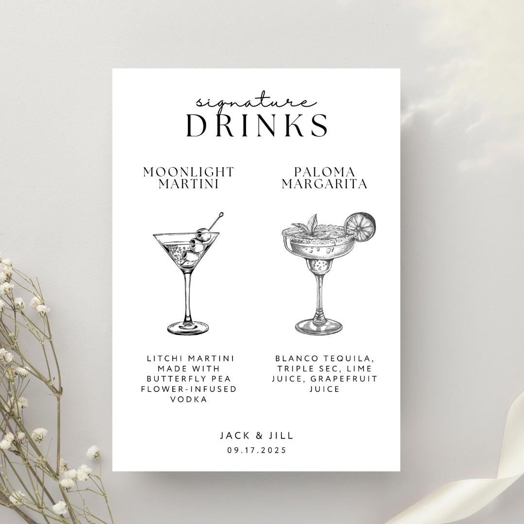 Wedding Event Food Drink Menu Cards Minimalist Black White Stationary ...