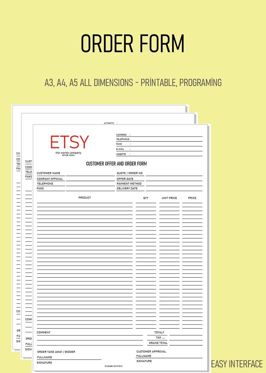Professional Editable Printable Order Form PDF Template for Custom ...