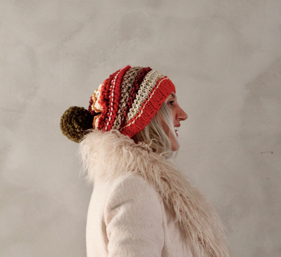 Slouchy Beanie Pom Pom Beanie-colorful Beanie-knitted Hat-knit Hat ...