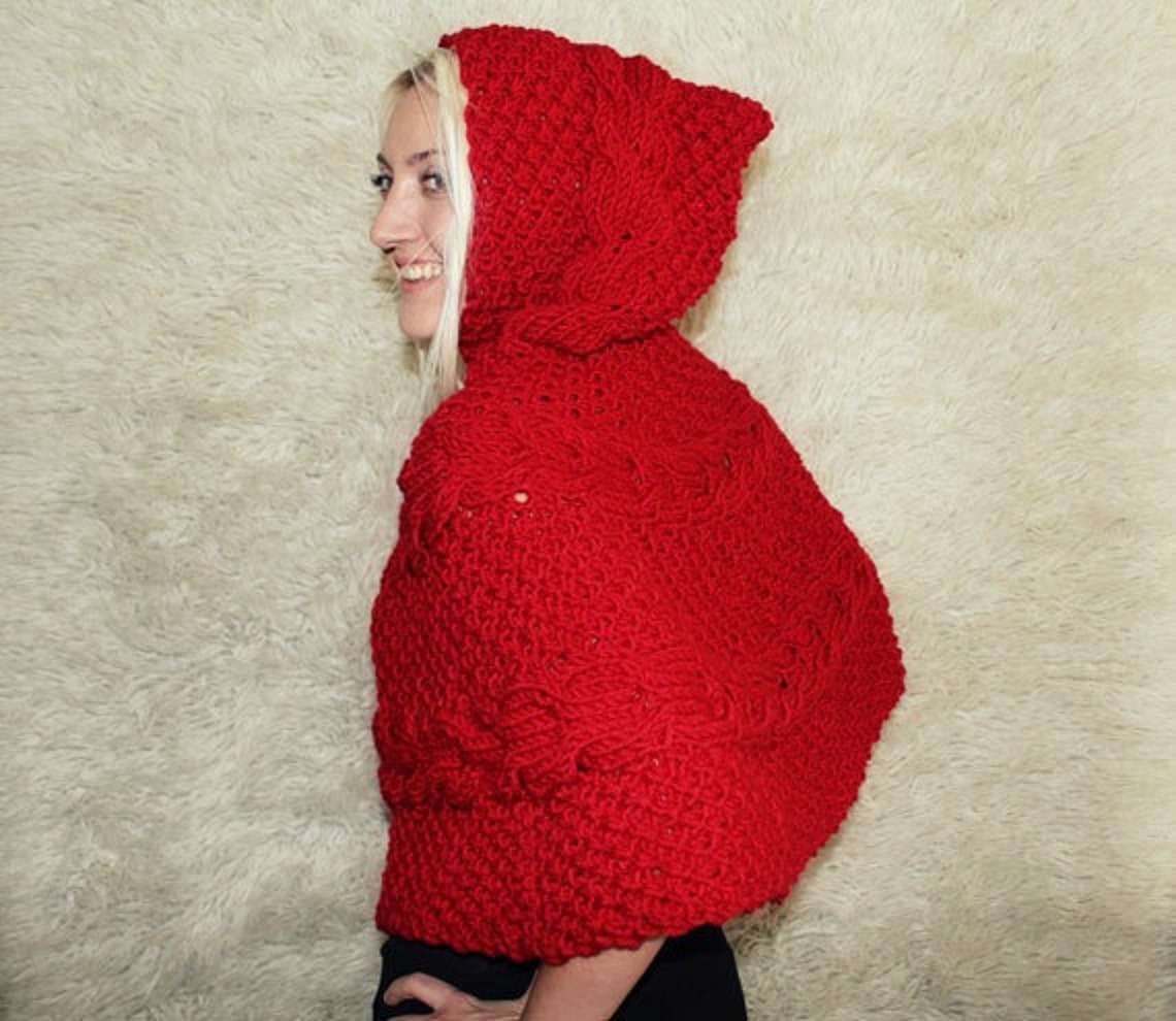 Hand Knitted Hooded Poncho Wrap Shrug Red Riding Hood Halloween Costume ...