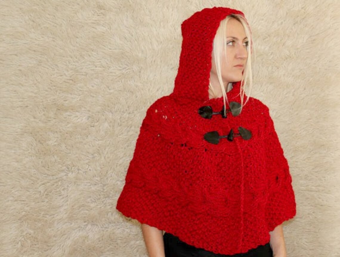Hand Knitted Hooded Poncho- Wrap Shrug Red Riding Hood Halloween ...