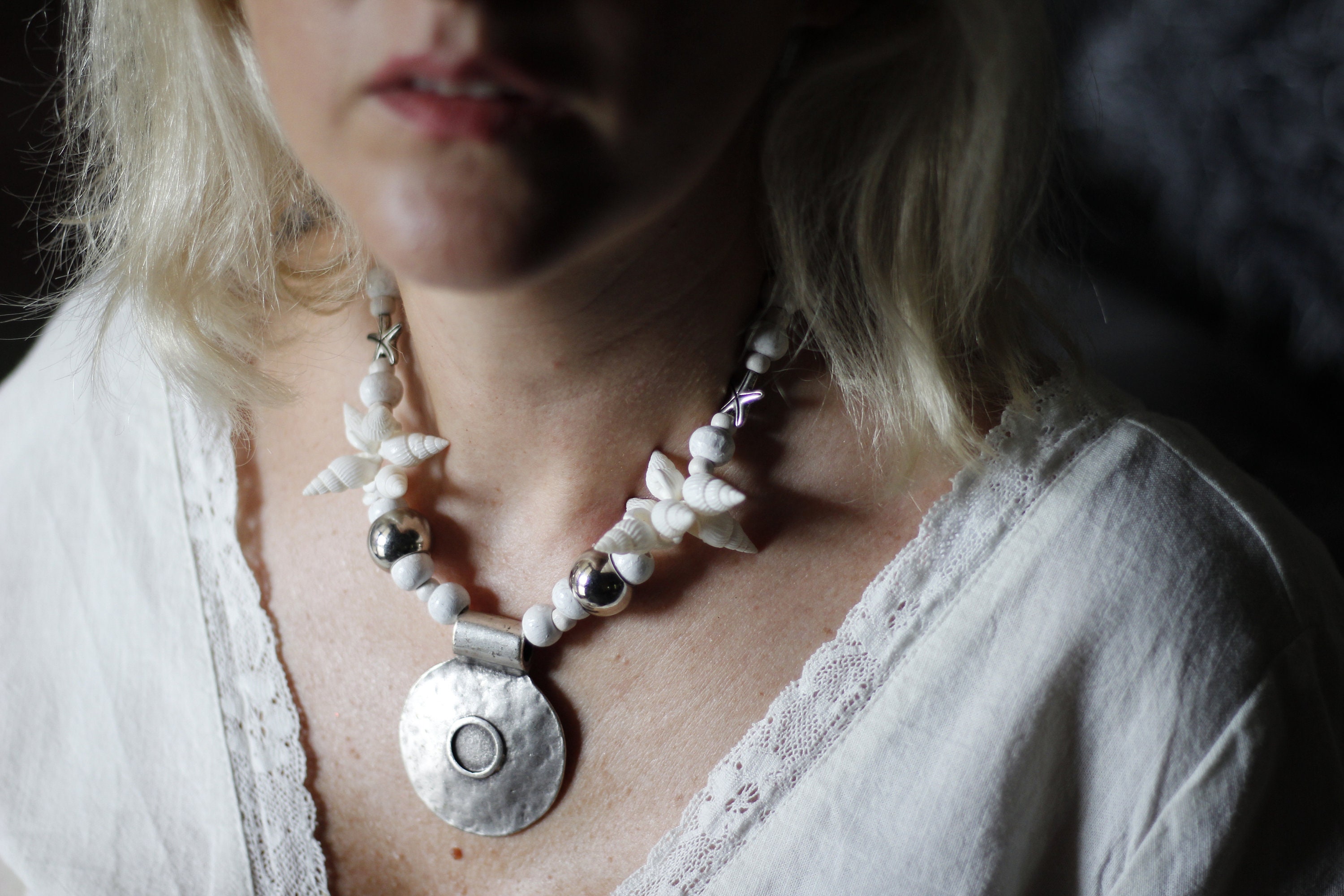 Sea Shell Necklace White Necklace Wooden Necklace Beach | Etsy