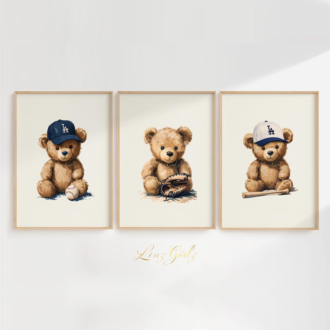 3 Piece Set︳la Dodgers Baseball Teddy Bear Drawing Print Wall Art ...