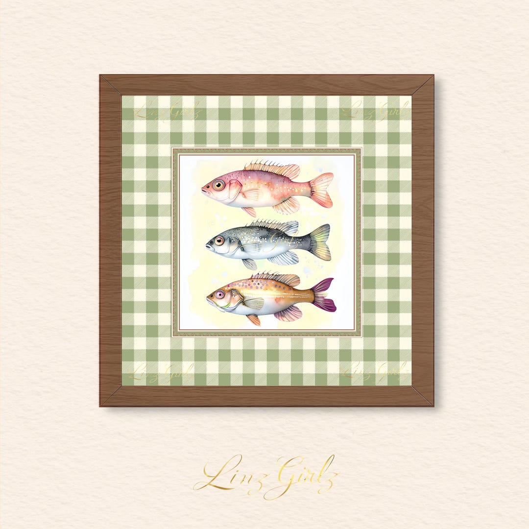Green Gingham Fish Trio Art︳fisherman Coquette︳nancy Meyers︳watercolor ...