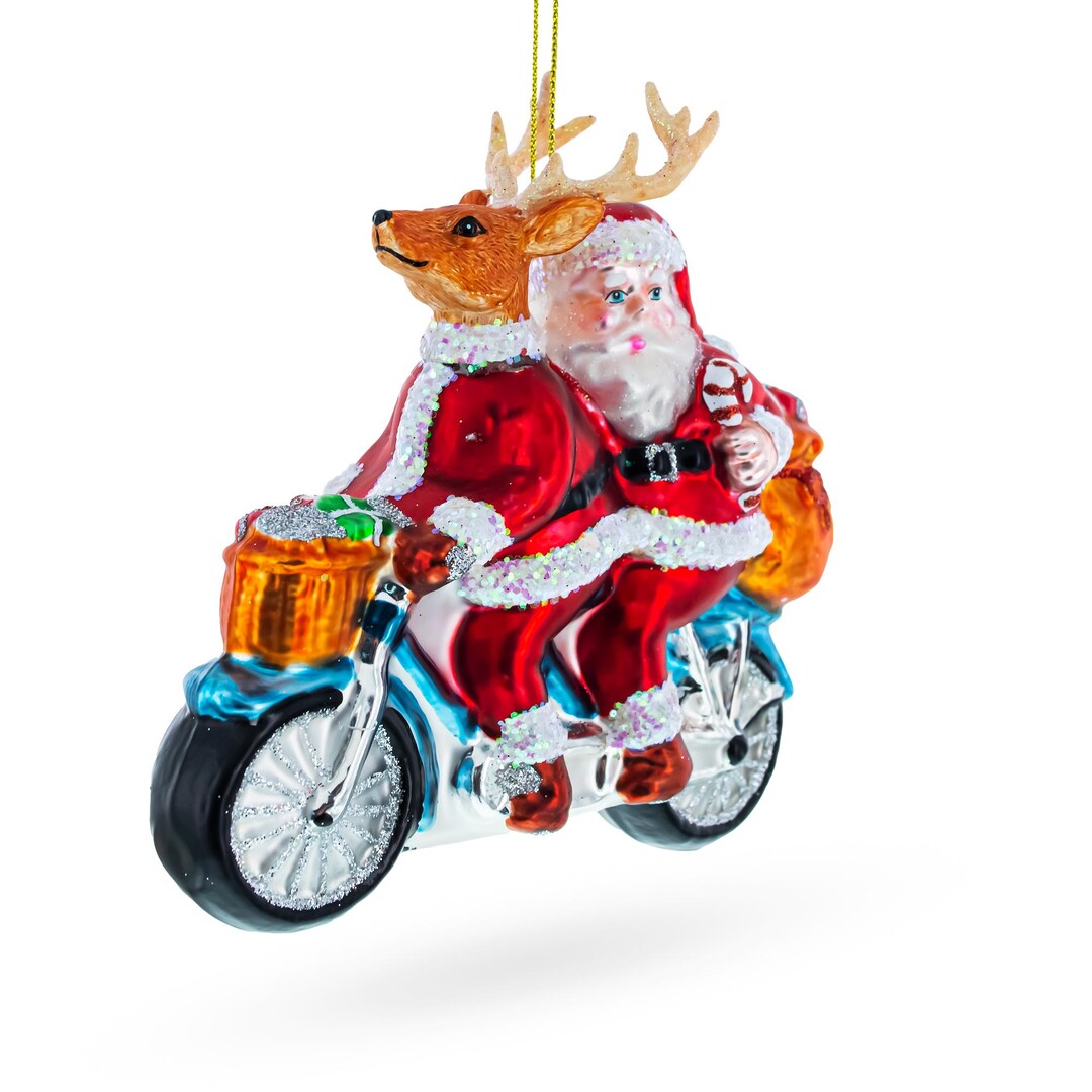 Santa and Reindeer Riding a Tandem Bike Blown Glass Christmas Ornament ...