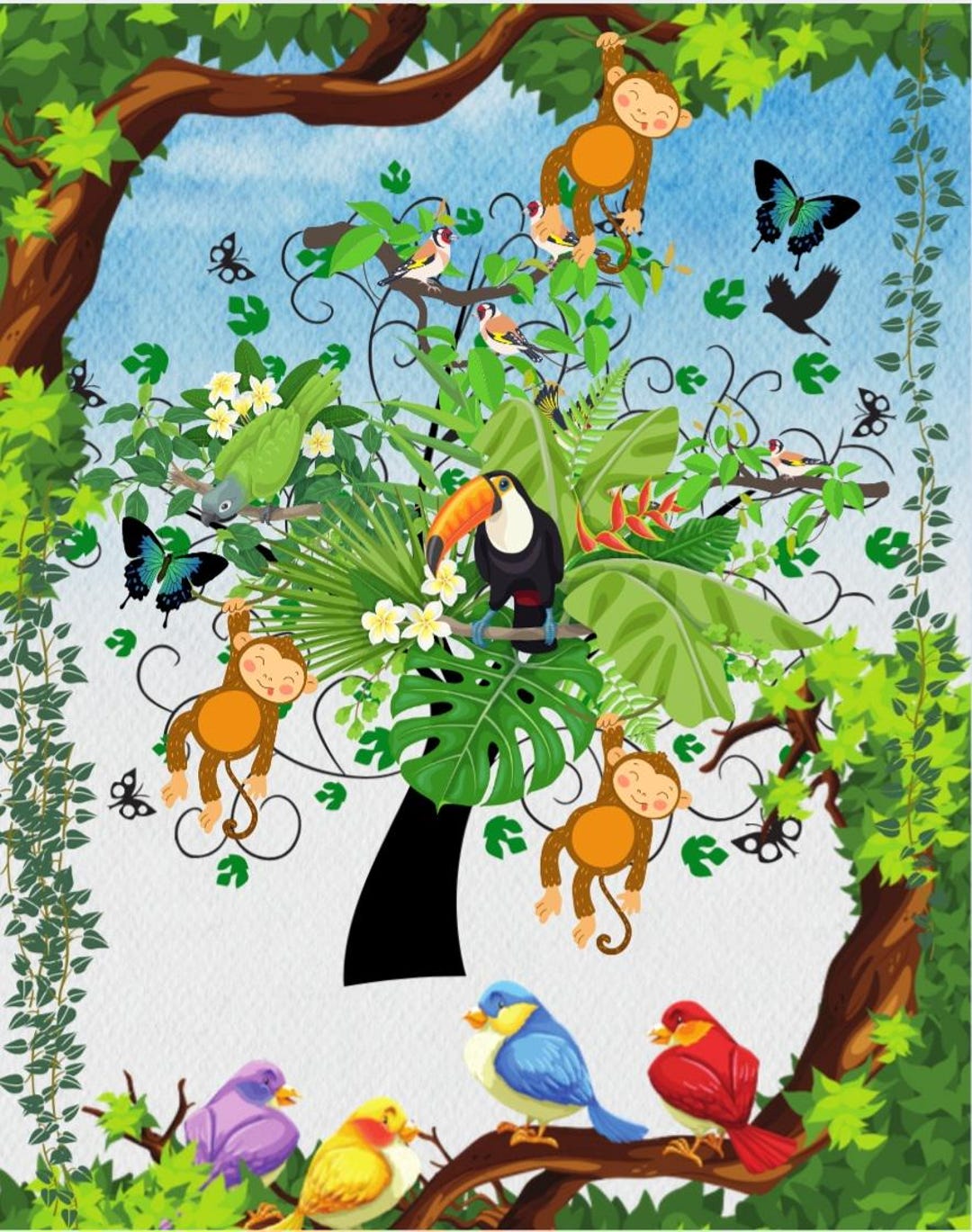 Animated Hanging Monkeys Jungle Bird Digital Download Art Print - Etsy