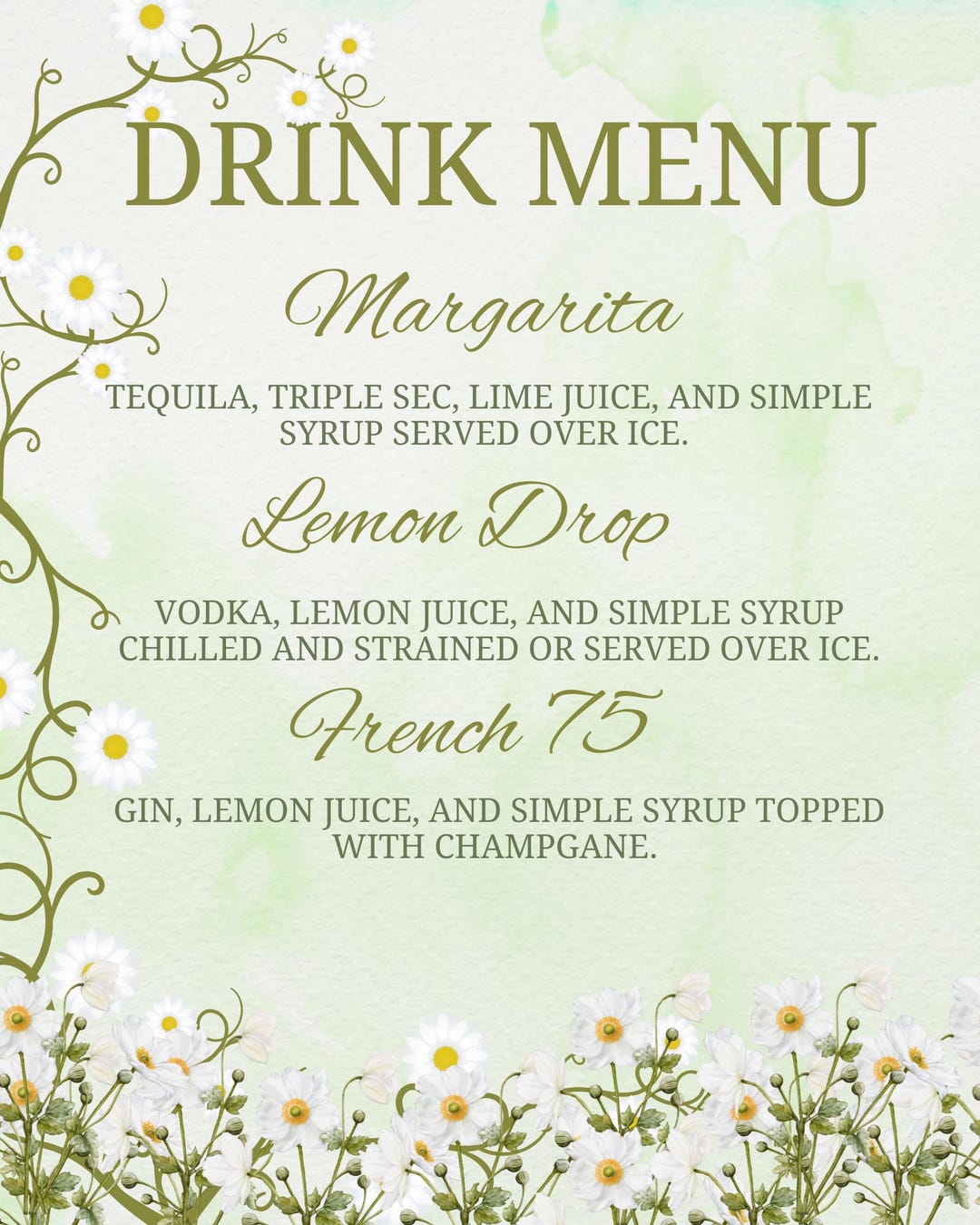 Customizable Greenery Drink Menu - Etsy