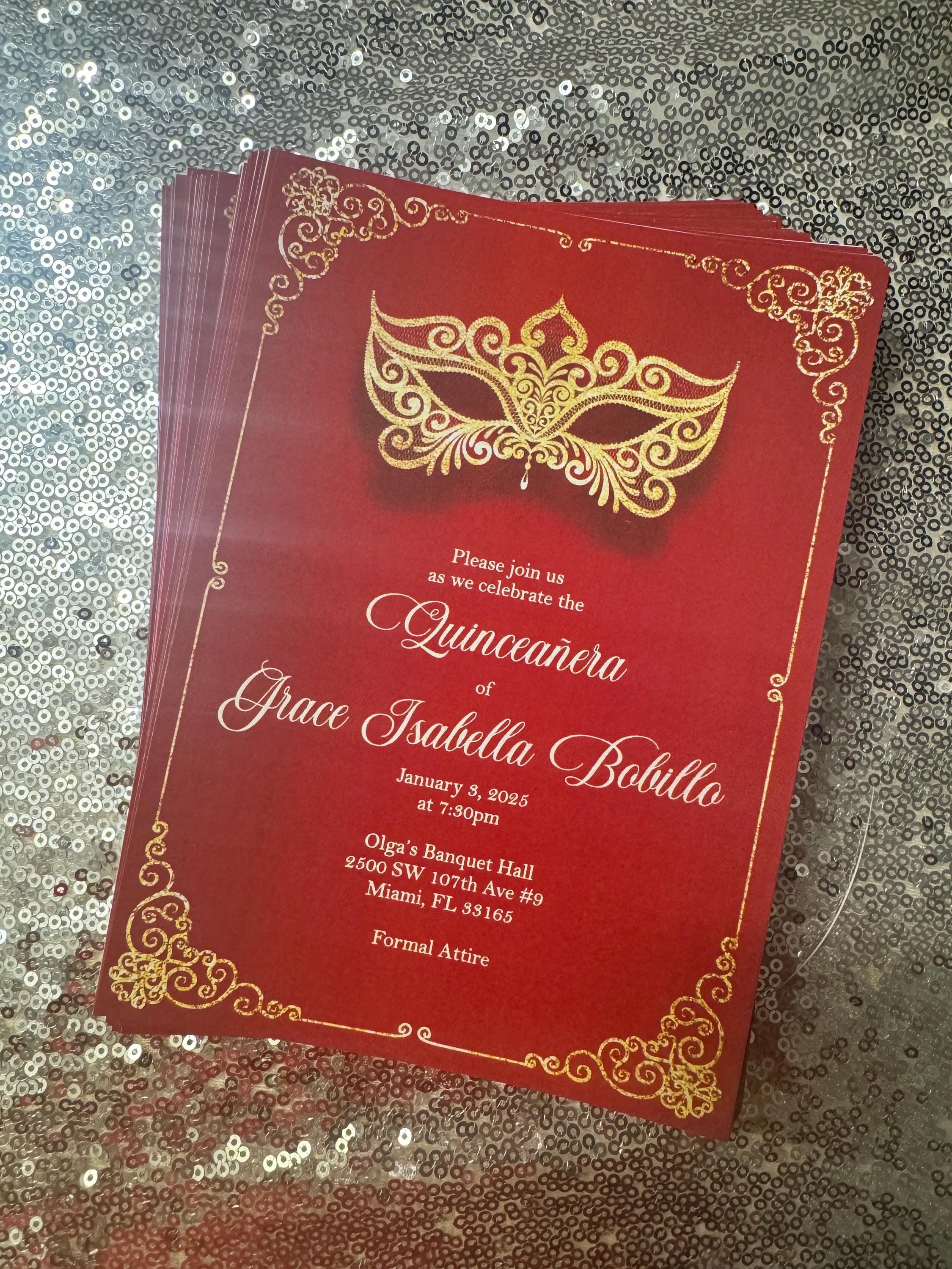 Red and Gold Masquerade Mask Quinceañera Invitation | Invitación Rojo ...