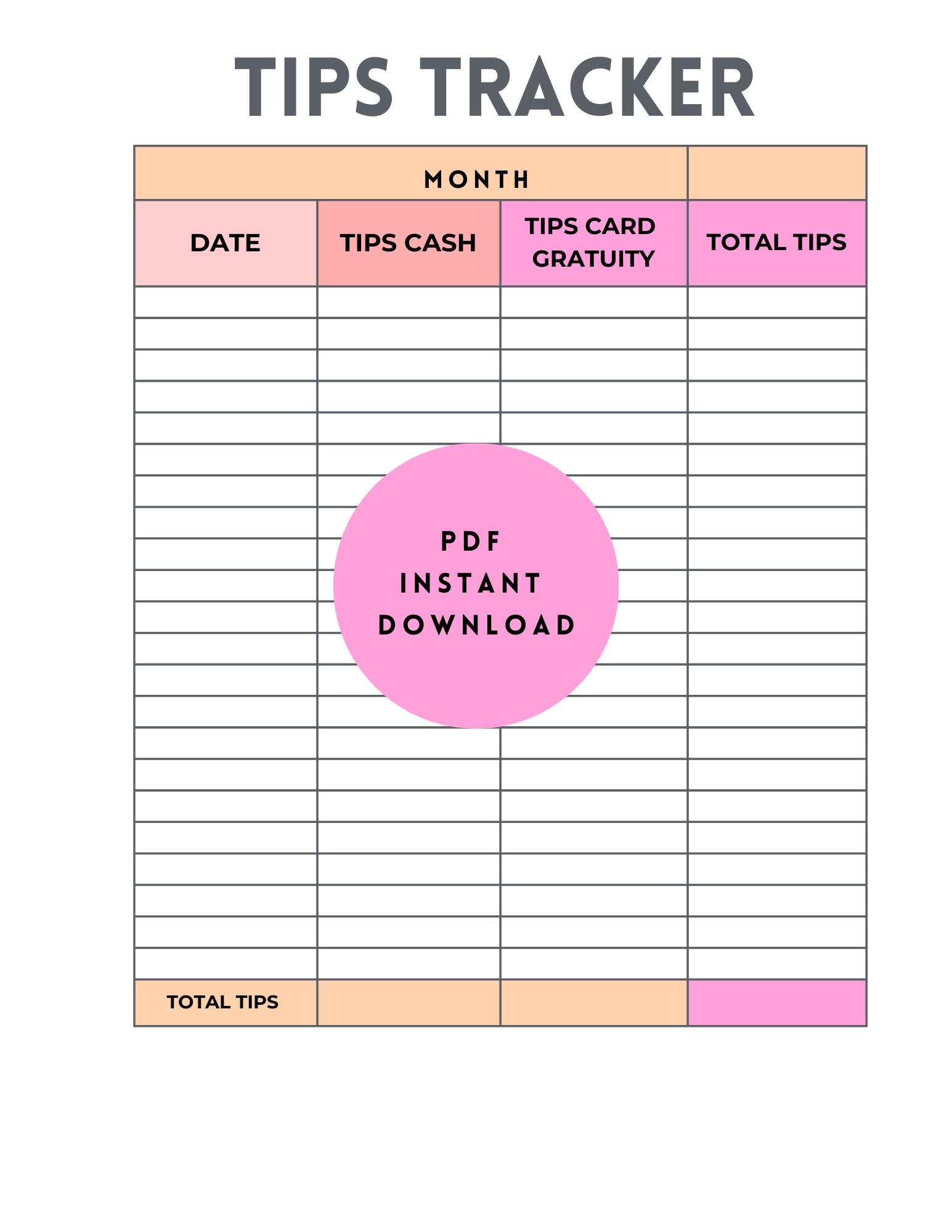 Server Tip Tracker, Income Tracker, Tips Tracker Printable PDF. - Etsy