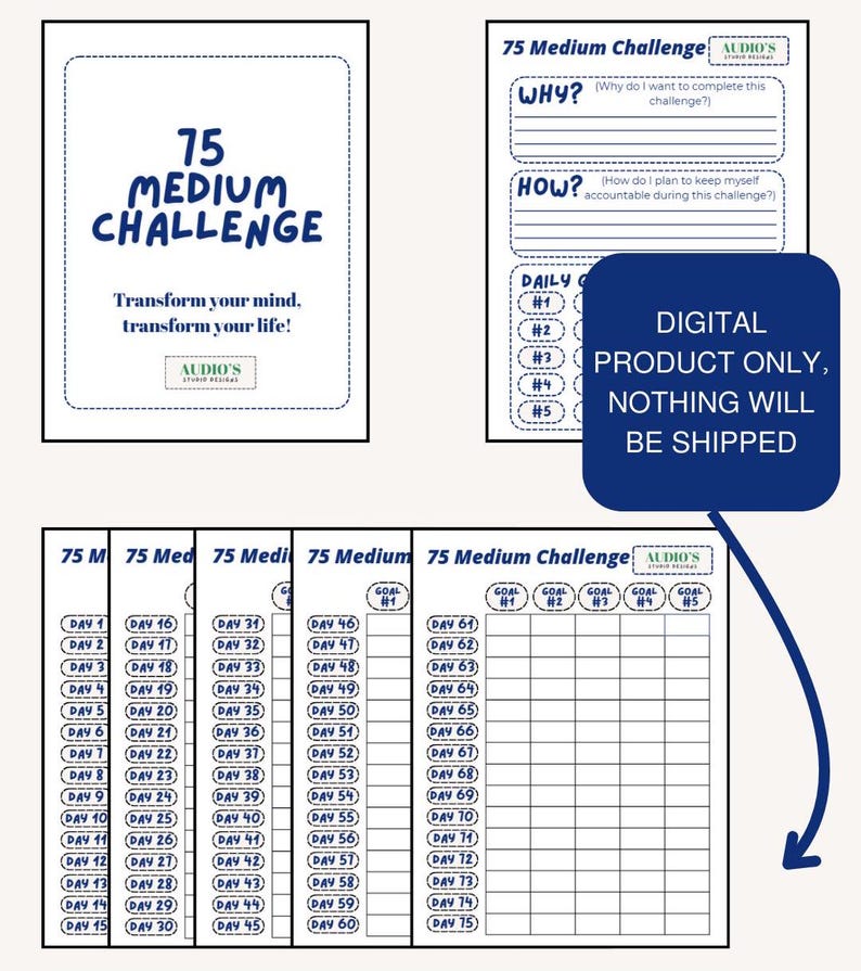 75 Medium Challenge Printable Tracker Goal Setting and Progress ...
