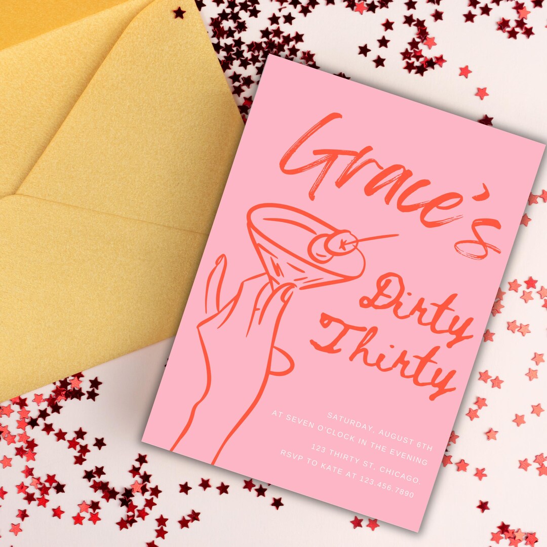 Pink and Orange Dirty Thirty Invitation - Hand Drawn Martini Glass ...