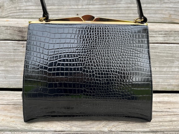 1960s classic black handbag lizard texture purse - Gem