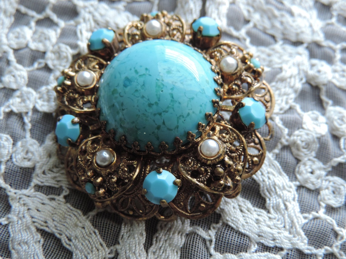 Antique turquoise brooch ornate filigree cabochon pin | Etsy