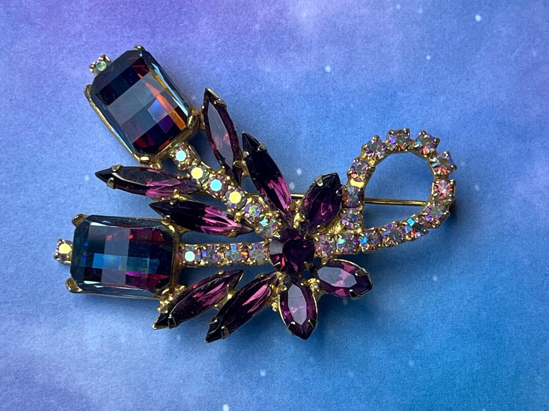 Purple Jeweled Brooch 1950s AB Crystal Floral Spray Pin - Etsy