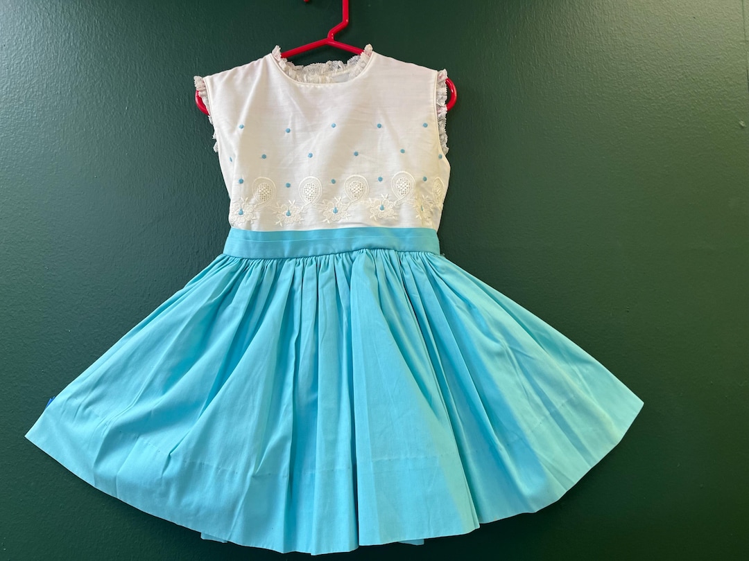 1950s Girls Day Dress Vintage Aqua Embroidered Children's Frock - Etsy
