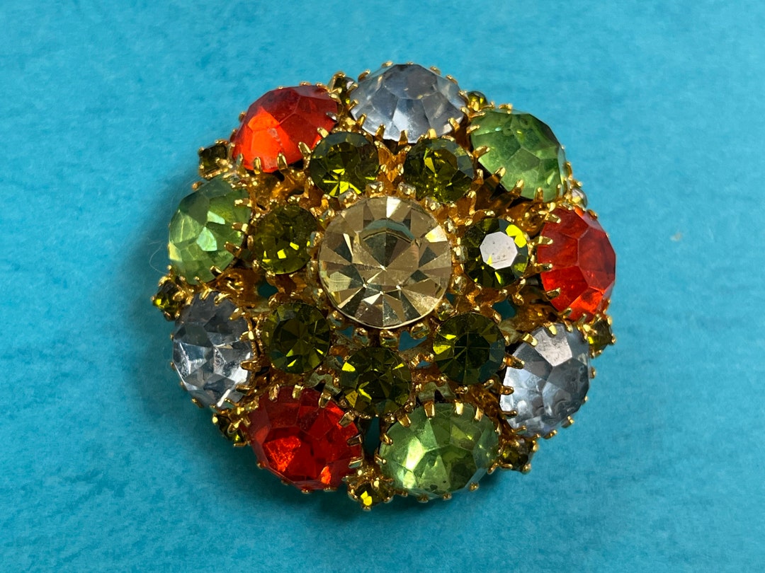 Rainbow Jeweled Brooch 1950s Fruit Salad Circle Pin - Etsy