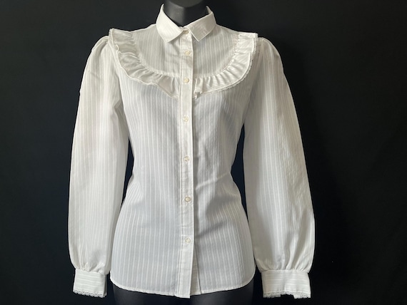 vintage ruffle bib blouse 70s white button down top m… - Gem