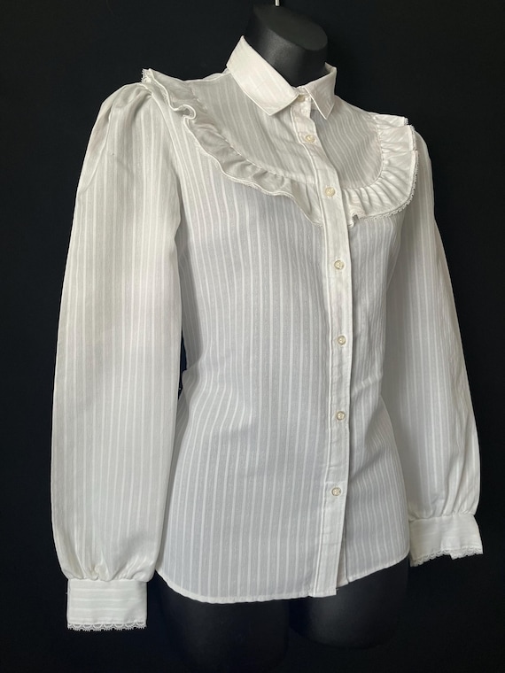 vintage ruffle bib blouse 70s white button down top m… - Gem