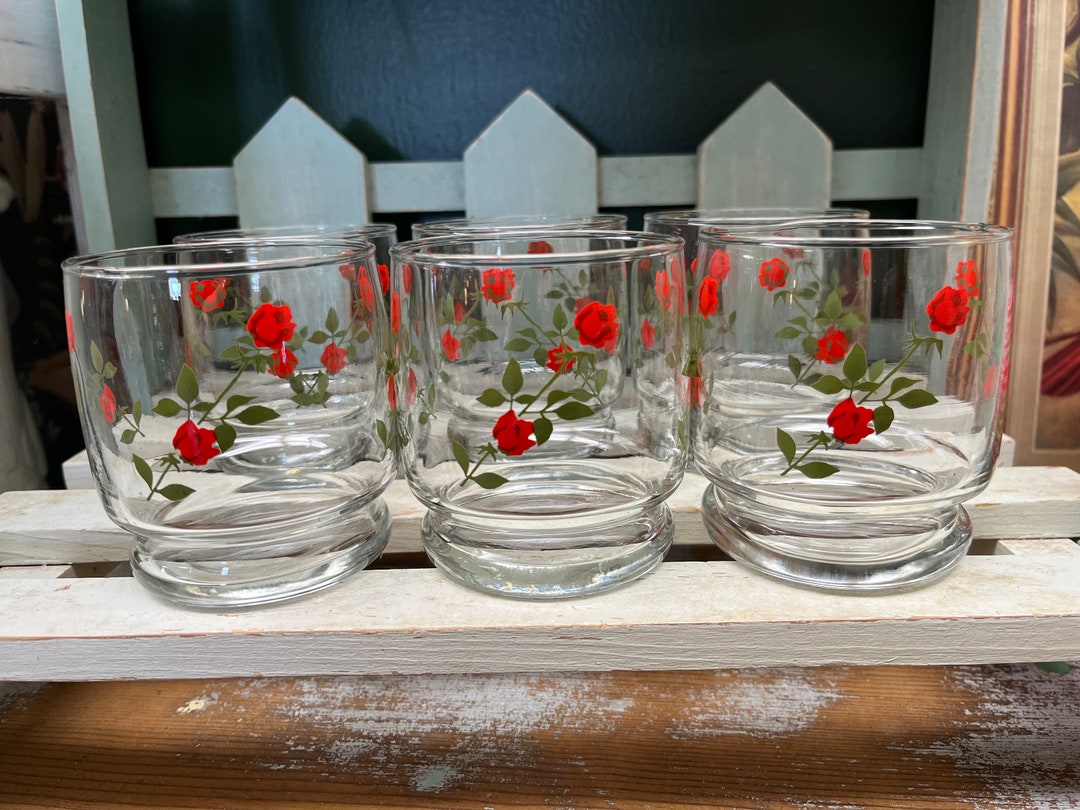 Red Rose Drinking Glasses Anchor Hocking Climbing Roses Lowball Set of ...