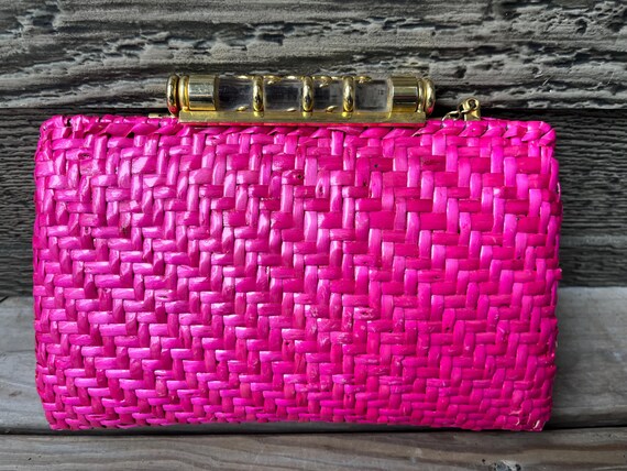 vintage pink wicker purse 1980s woven lucite trimmed … - Gem