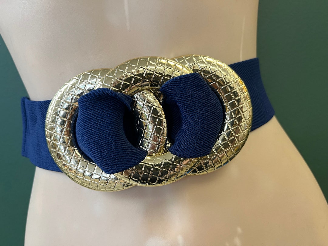 Navy Infinity Belt 1980s Elastic Stretch Gold Double Circle Medium ...