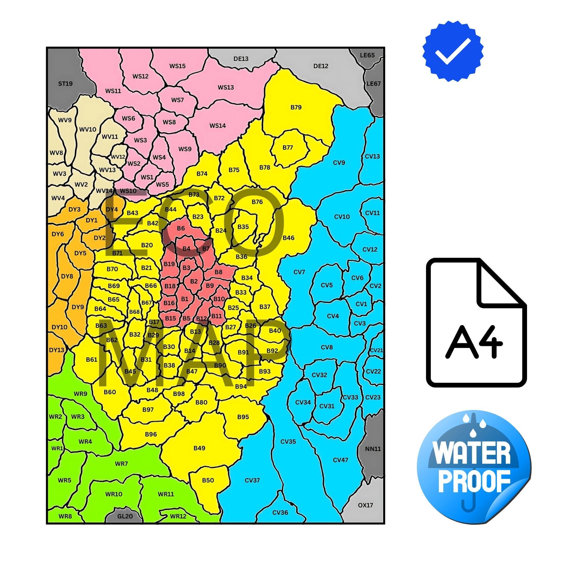EDITABLE Postcode Map of Birmingham and Surrounding Areas A-Z Postal ...