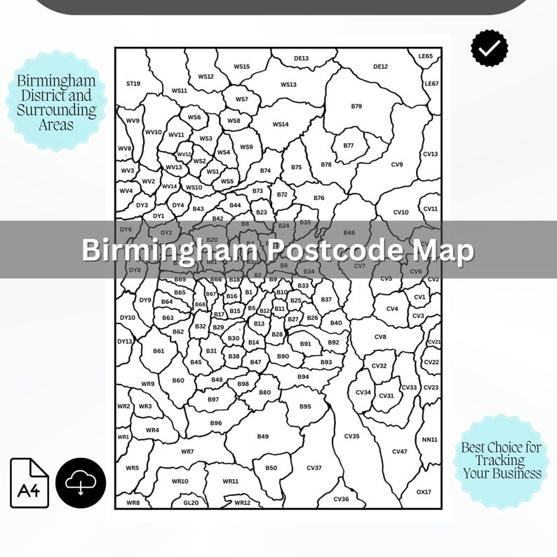 EDITABLE Postcode Map of Birmingham and Surrounding Areas A-Z Postal ...