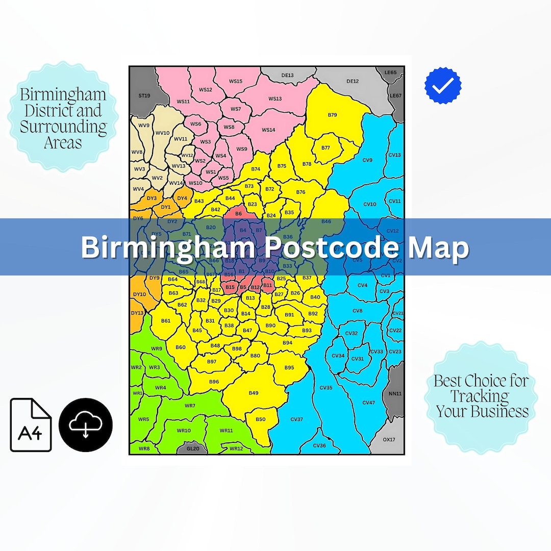 EDITABLE Postcode Map of Birmingham and Surrounding Areas A-Z Postal ...