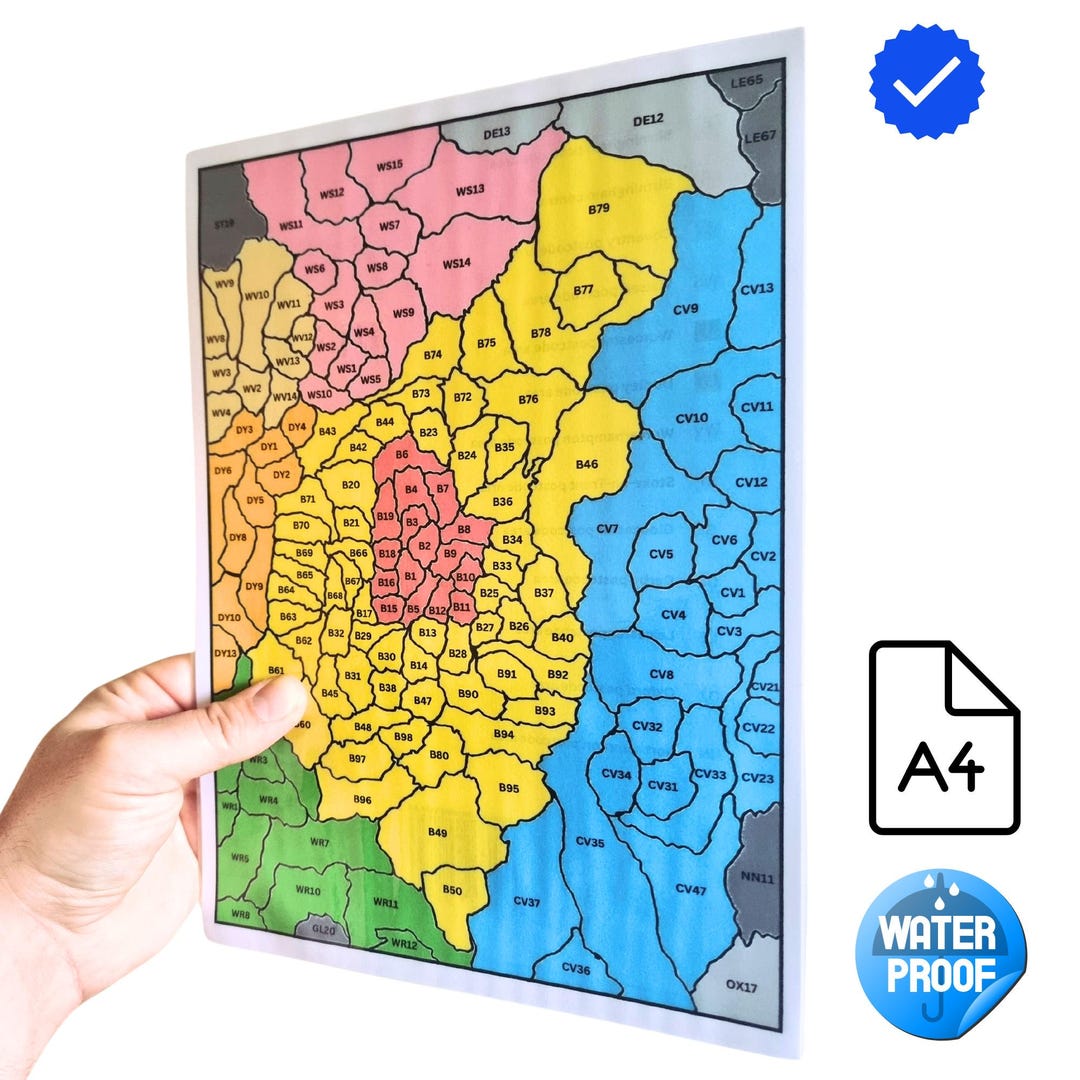 Postcode Map of Birmingham A-Z Postal District Area (size - A4 ...