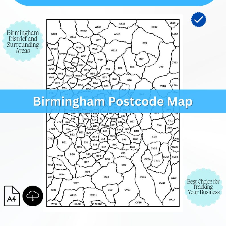 EDITABLE Postcode Map of Birmingham and Surrounding Areas A-Z Postal ...