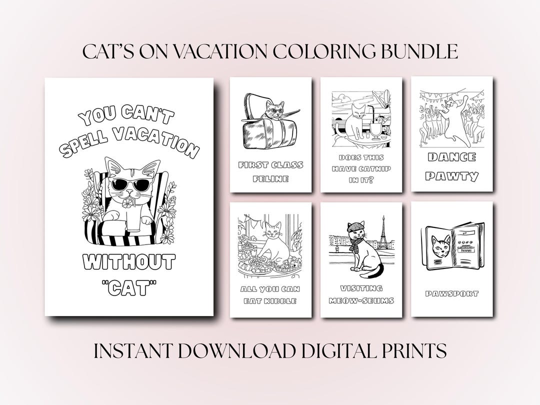 Funny Cat Coloring Pages for Adults | Vacation Cat Printable Bundle ...