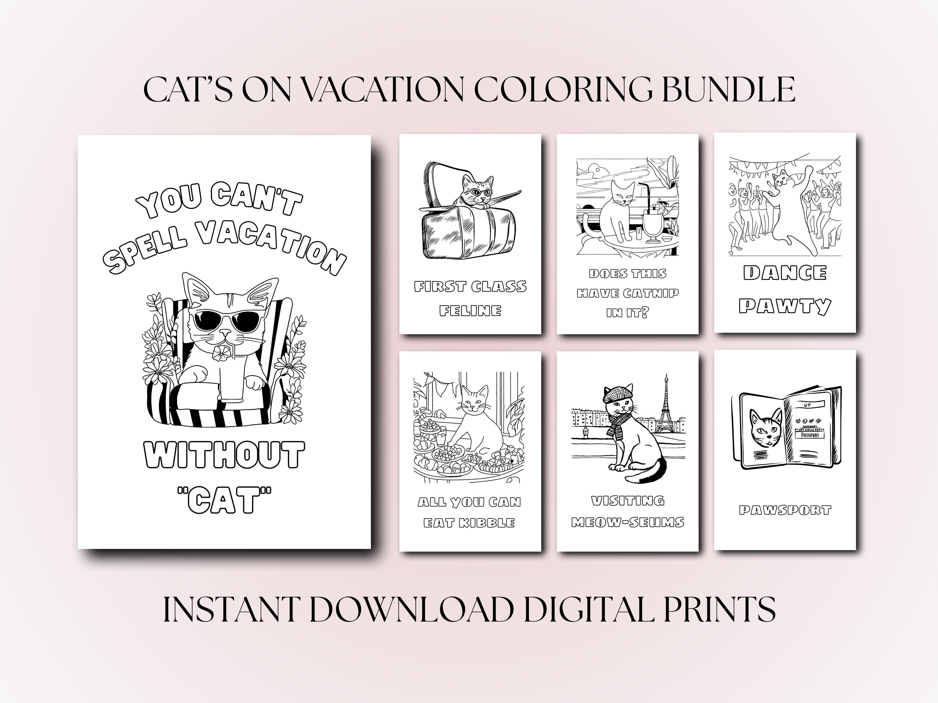 Funny Cat Coloring Pages for Adults | Vacation Cat Printable Bundle ...